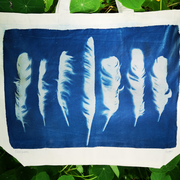Cyanotype tote bag - large - feather design – Nimanoma