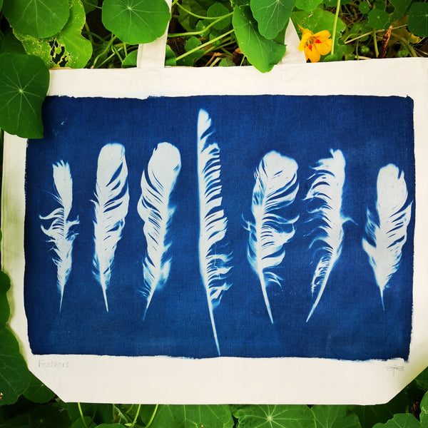Cyanotype tote bag - large - feather design – Nimanoma