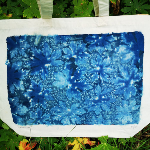 Cyanotype tote bag - large - geranium leaf design – Nimanoma